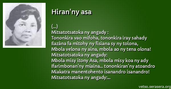 hiran'ny asa - Clarisse Ratsifandrihamanana - Tononkalo Malagasy